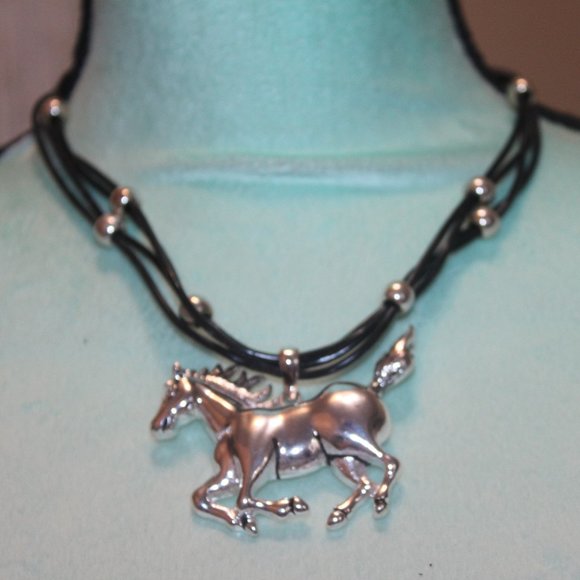 Tipi | Jewelry | Silver Plated Running Horseblack Cord Necklace | Poshmark